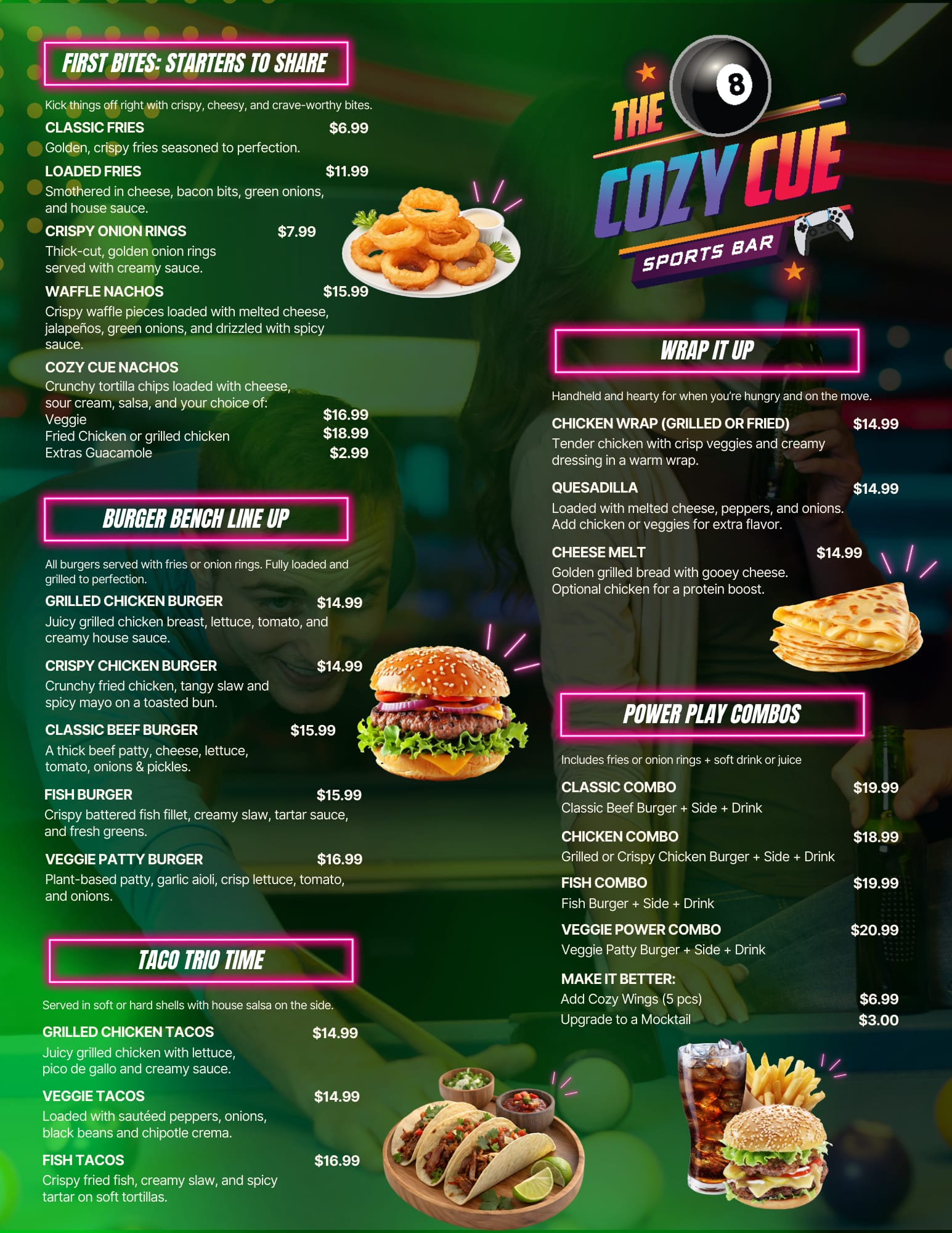 Our Menu – Cozy Cue Sports Bar