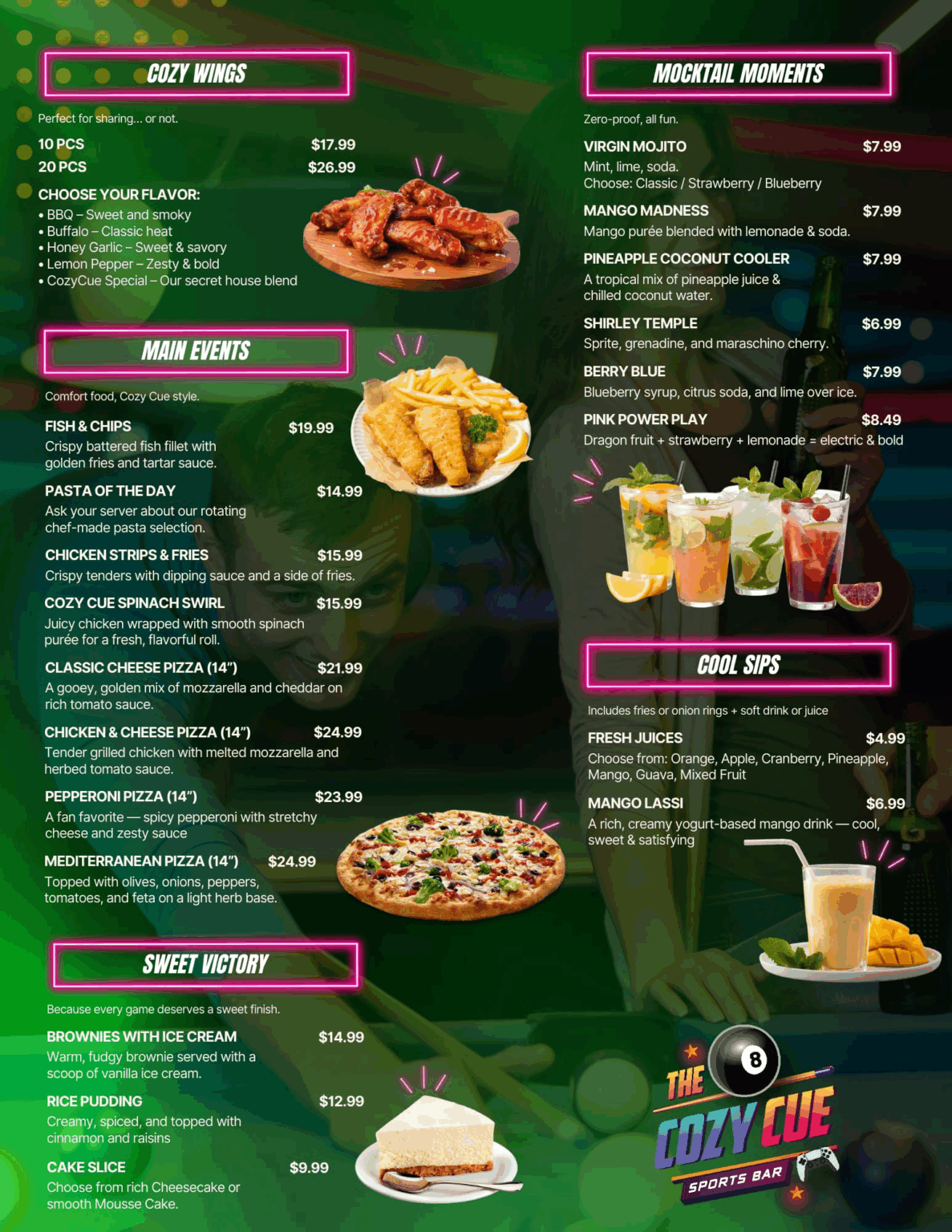 Our Menu – Cozy Cue Sports Bar
