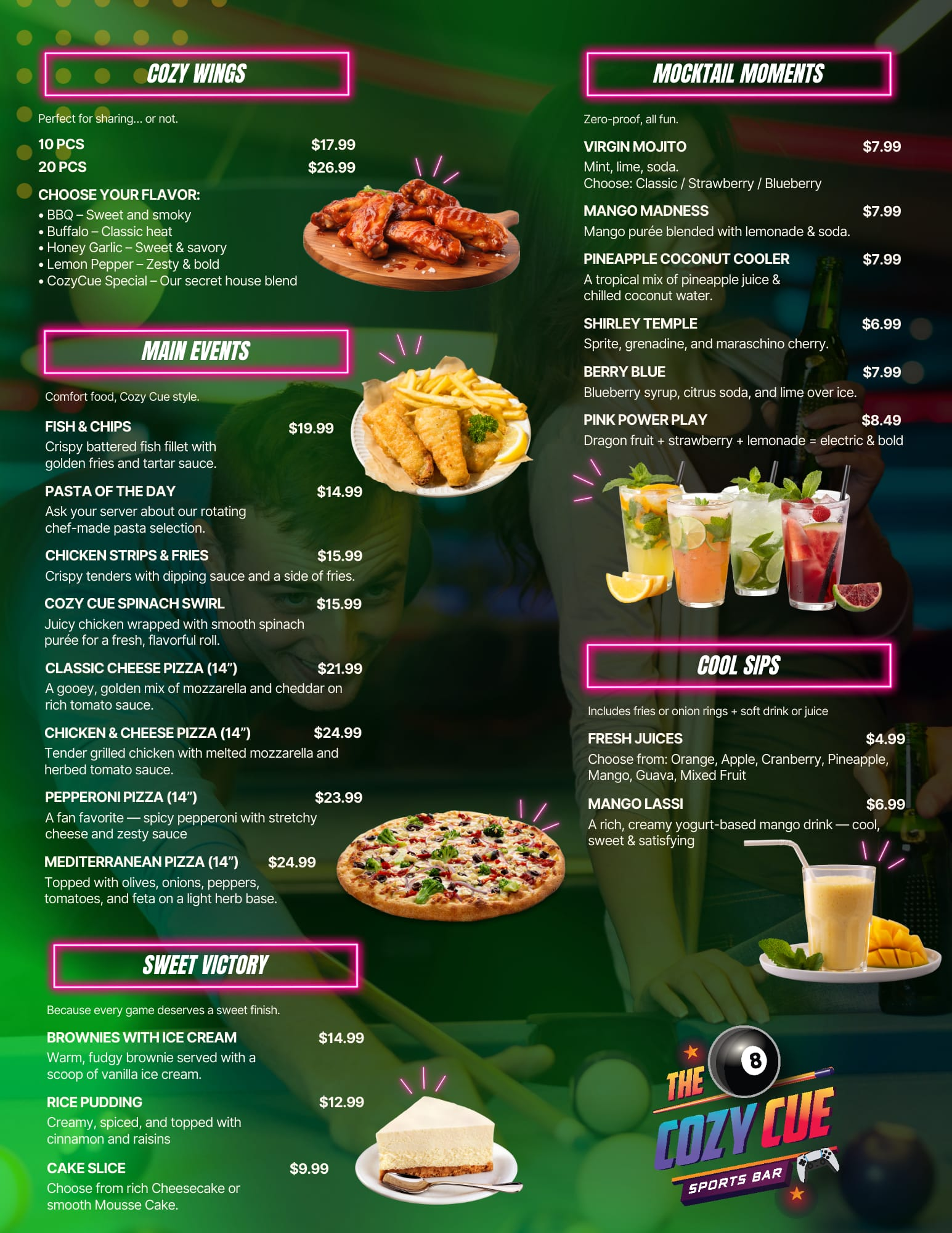 Our Menu – Cozy Cue Sports Bar